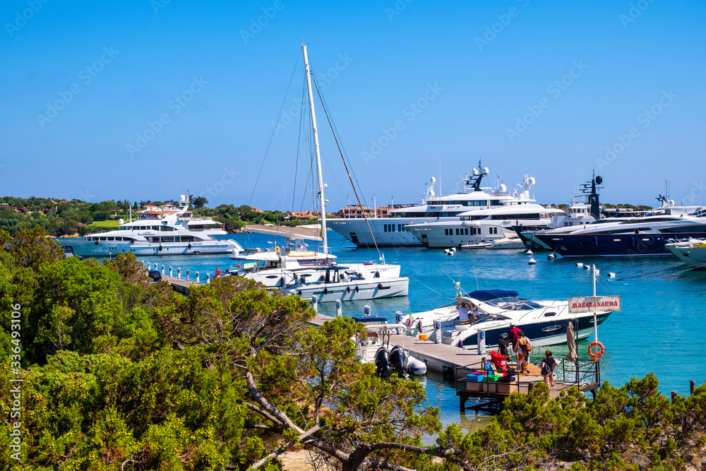 Porto Cervo, Sardinia, Italy - Panoramic view of luxury yacht port and ...