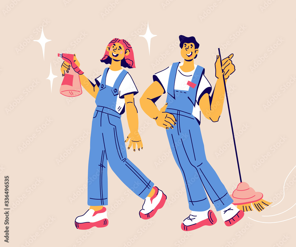 Cleaning service staff cartoon characters. Man and woman professional ...