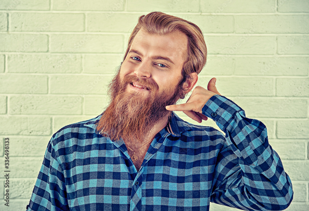 Close up handsome guy Business man looking at you camera showing call ...