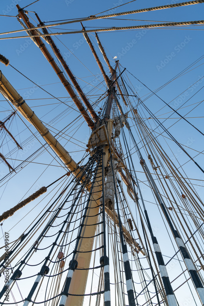 Historic square rig sailing ship rigging from bottom of mast Stock ...