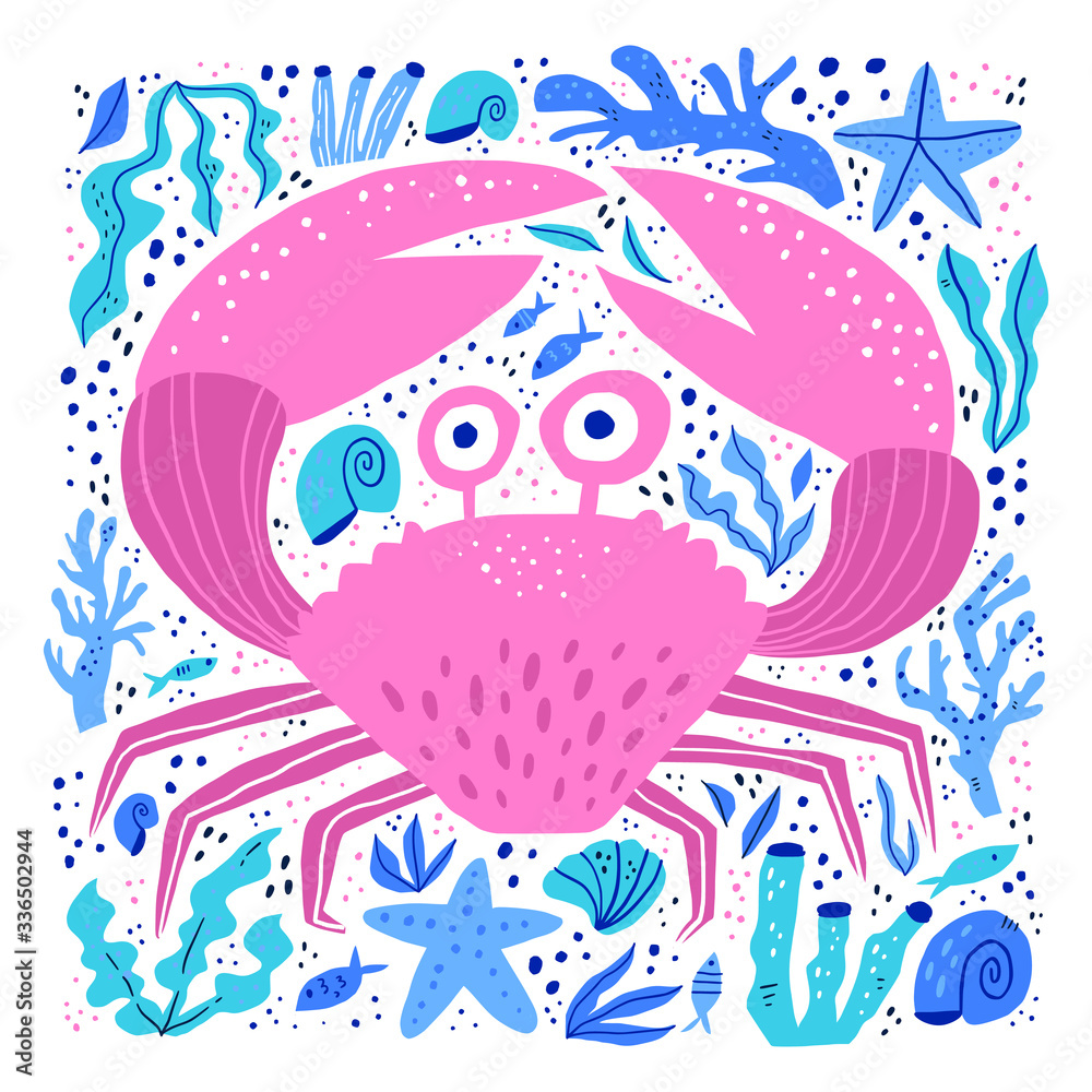 Cute sea crab hand drawn vector illustration. Adorable sealife cartoon ...