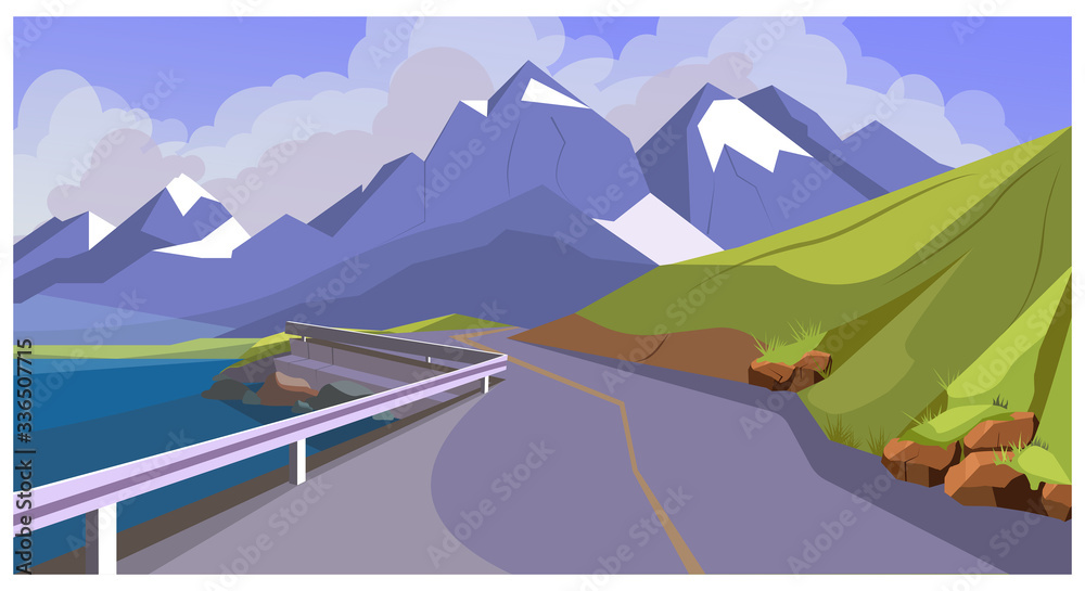 Mountain road with railing illustration. Hill range with winding road ...
