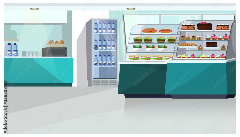 Food counter in confectionery store illustration. Sandwiches, burgers ...