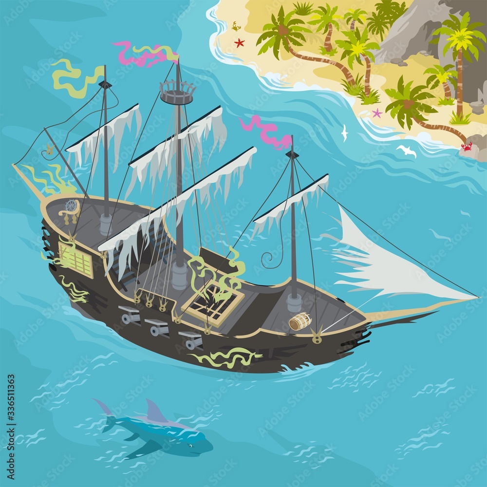 Ghost ship isometric illustration cartoon style vectors on sea ...