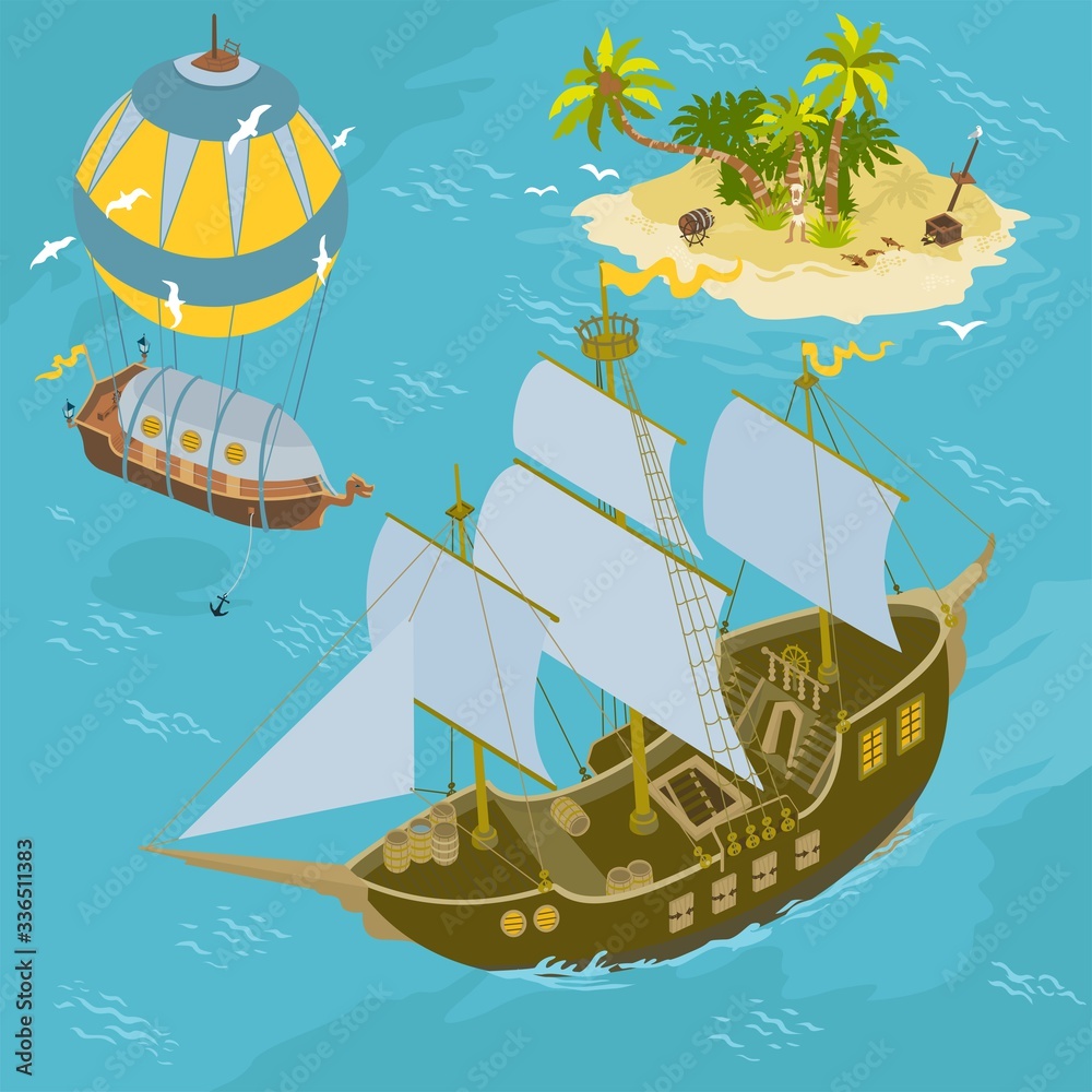 Vetor de Sail ship isometric illustration cartoon style vectors on sea ...