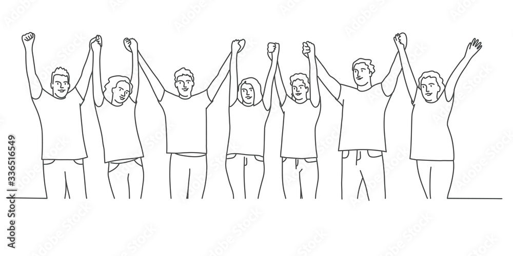Group of people hold hands, hands are lifted up. Line drawing vector ...