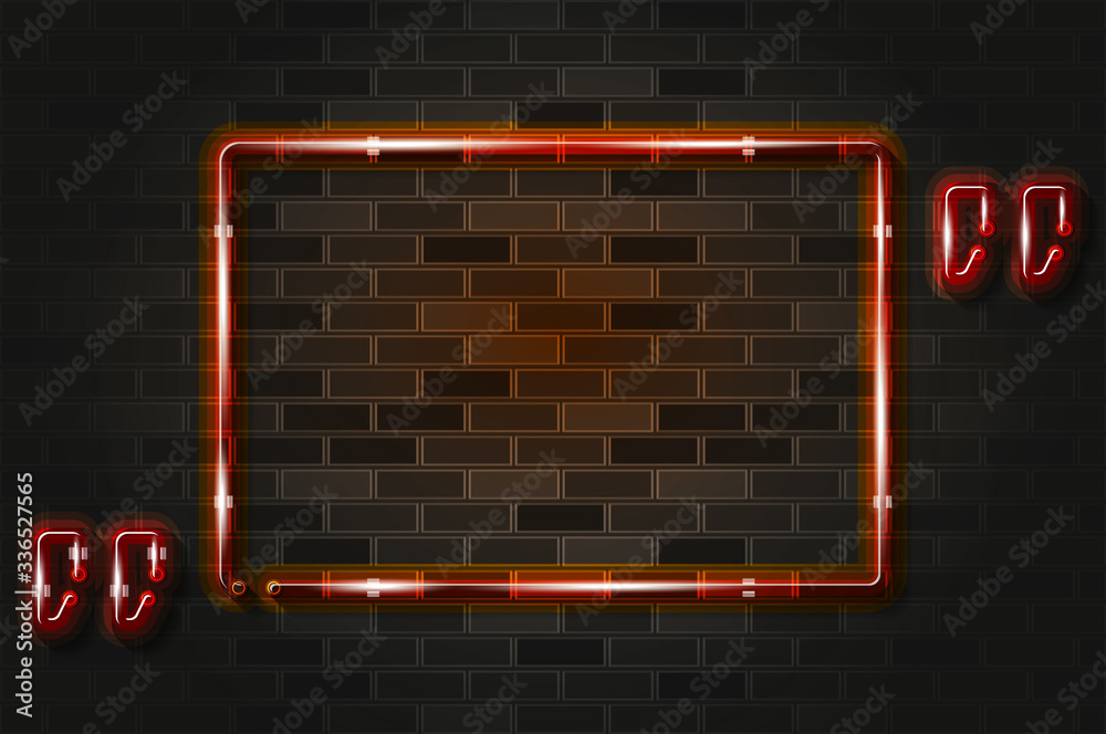 Rectangular red frame with quotation marks glowing neon sign on a black ...