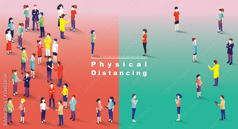 Social distancing, people keep distance and avoid physical contact ...