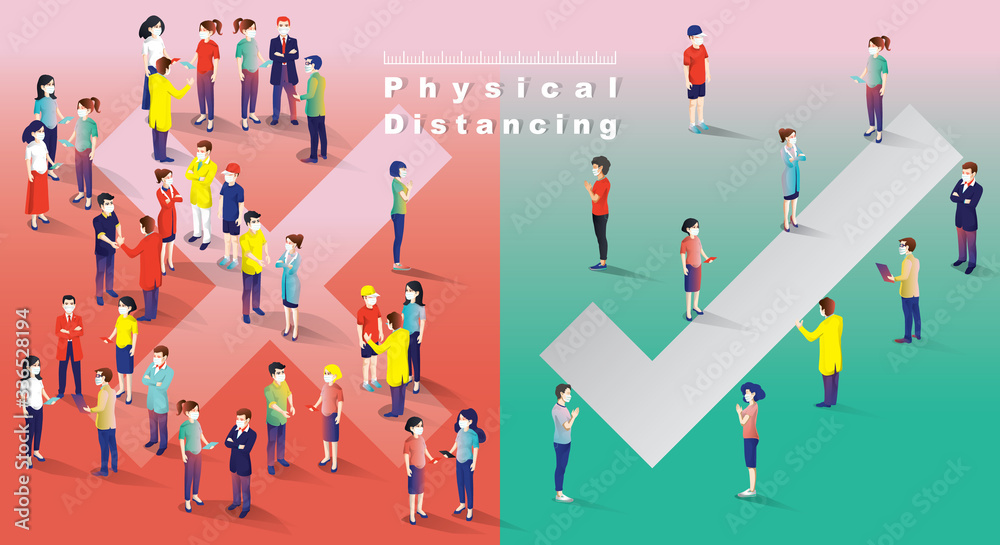 Social distancing, people keep distance and avoid physical contact ...