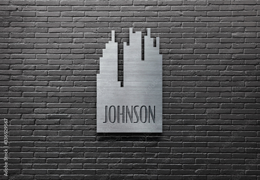 Metal Sign on Black Brick Wall Mockup Stock Template | Adobe Stock