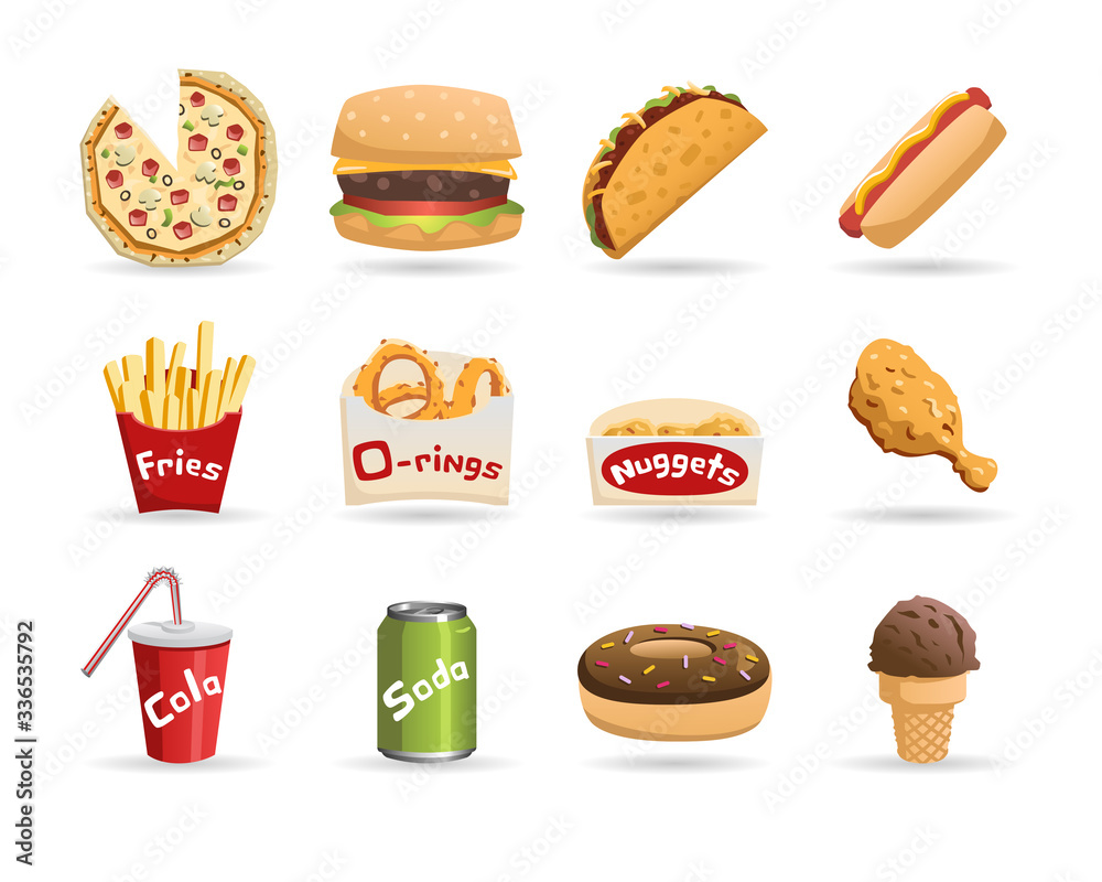 Vector set of food cartoon food icons isolated on white. Includes a ...