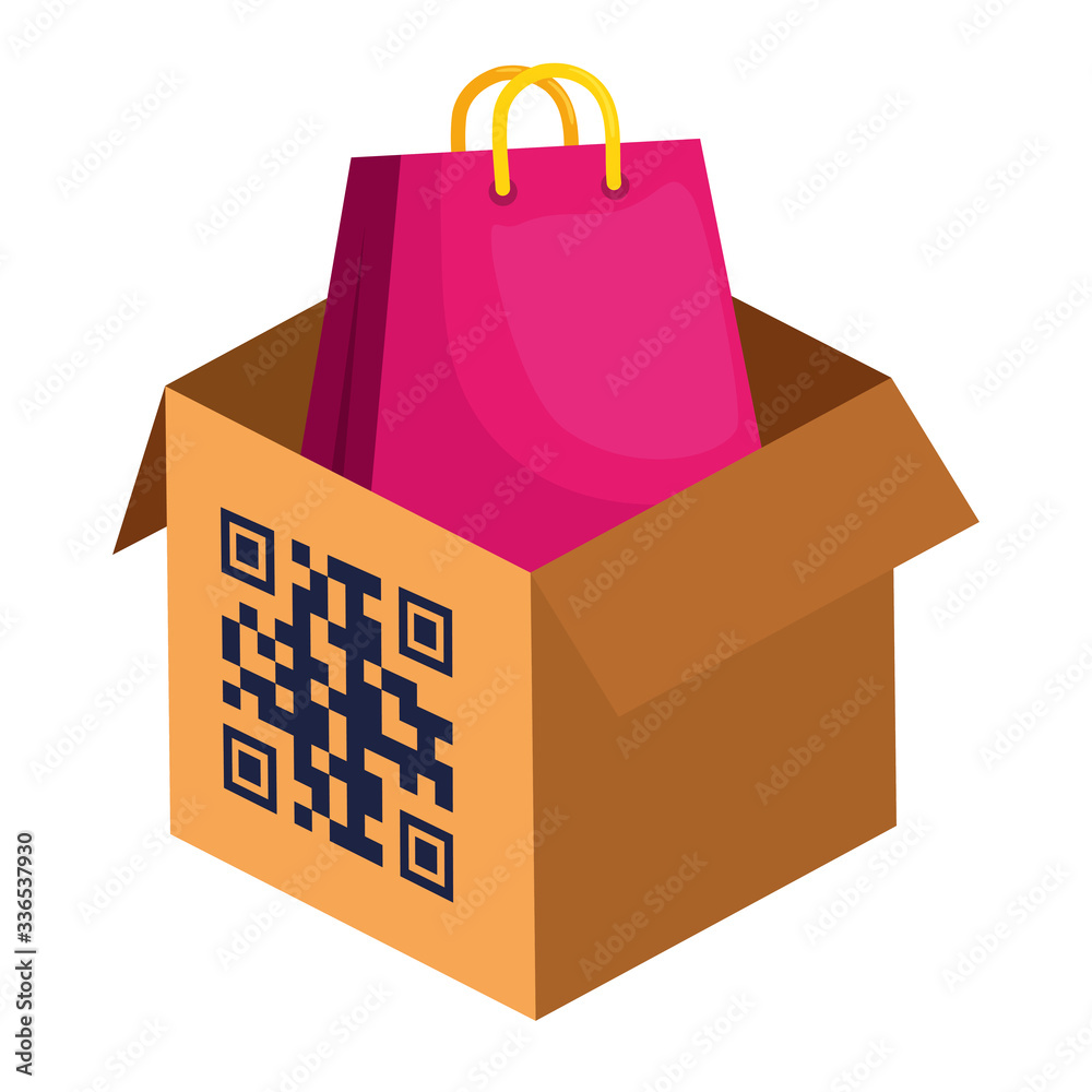 qr code over box and bag design of technology scan information business ...