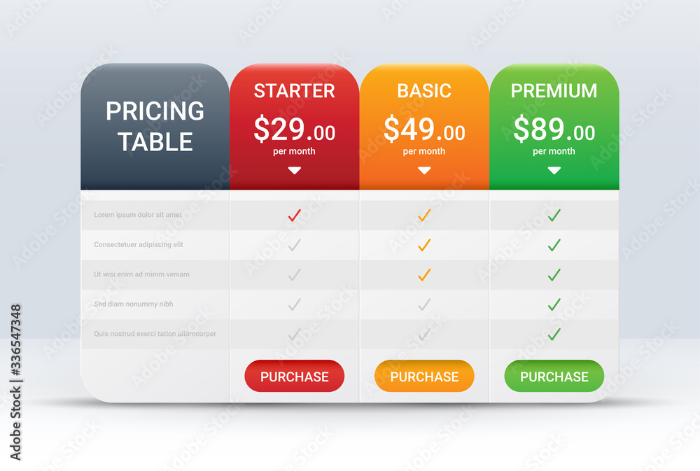 Price comparison table layout template for three products, vector ...