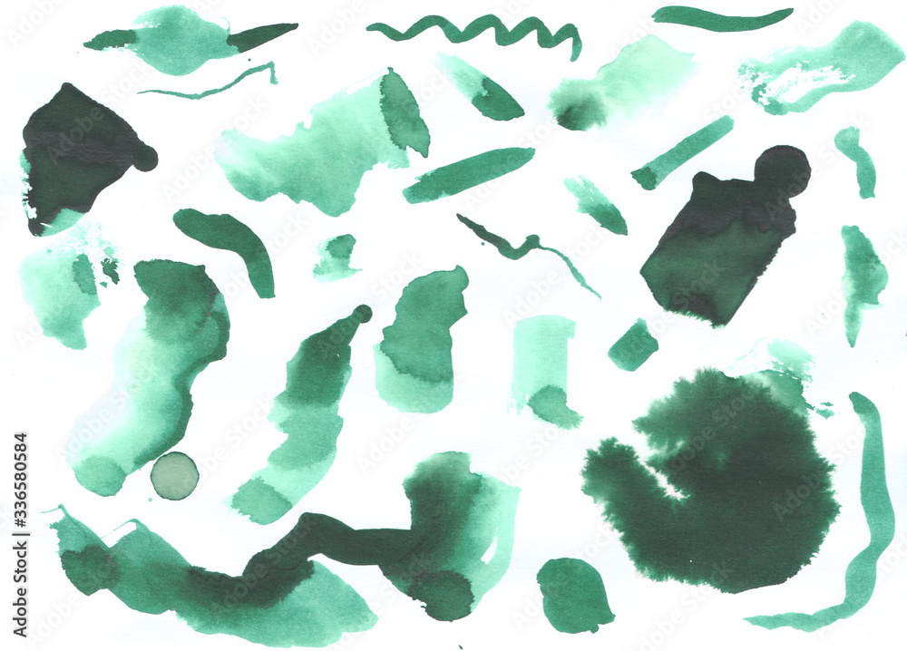 Texturas de diferentes trazos y efectos de acuarela verde sobre papel ...