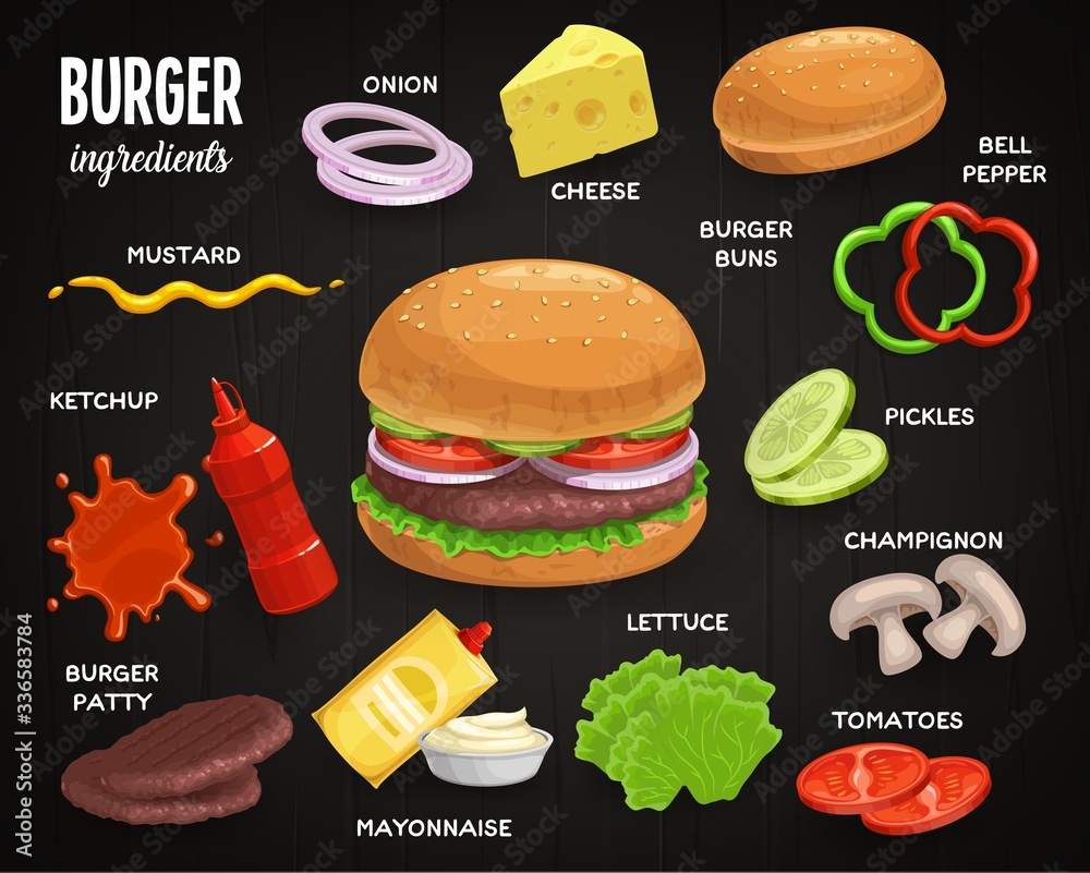Burger ingredients, fast food sandwich menu, vector icons. Fastfood ...