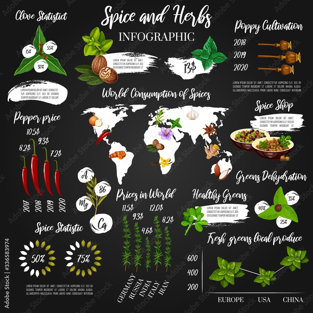 Cooking spices and seasoning herbs vector infographics and statistics ...