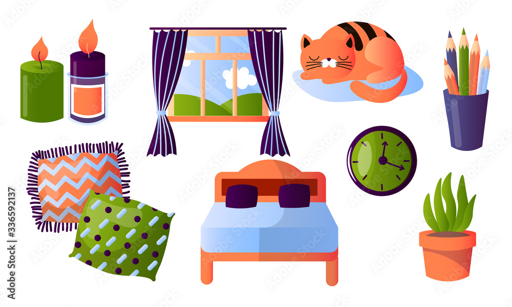 Set of different furniture and interior home items. Vector illustration ...