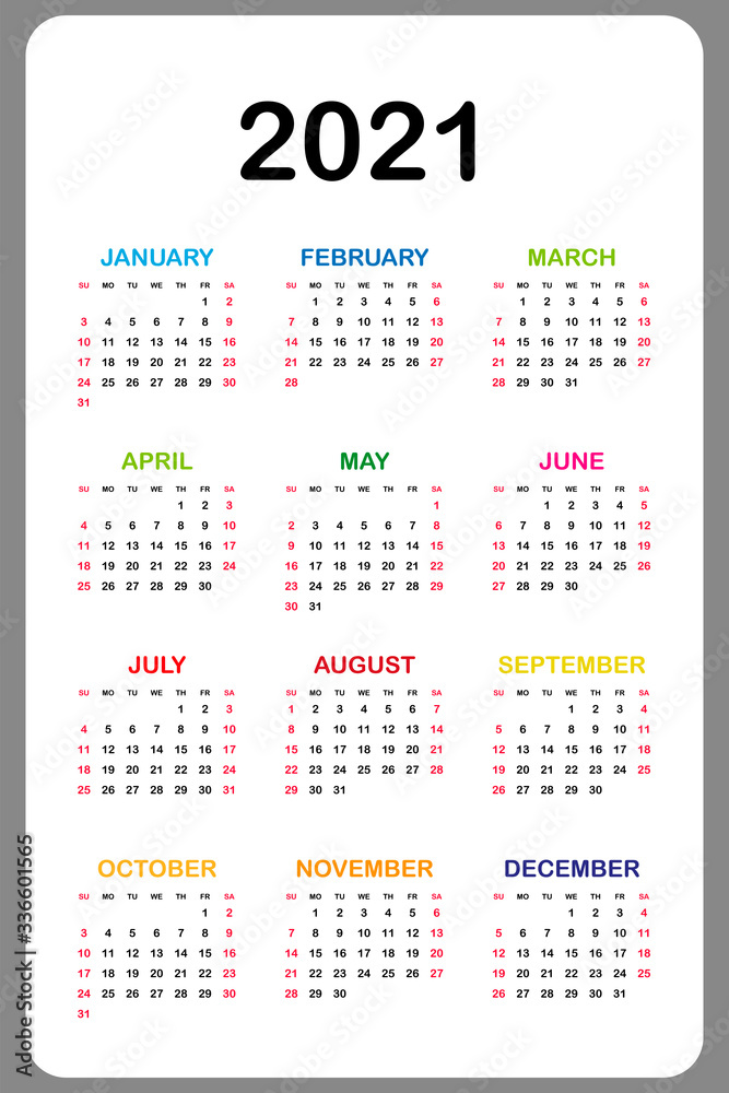 Calendar 2021 yearly. Week starts on Sunday. Vector illustration. Stock ...