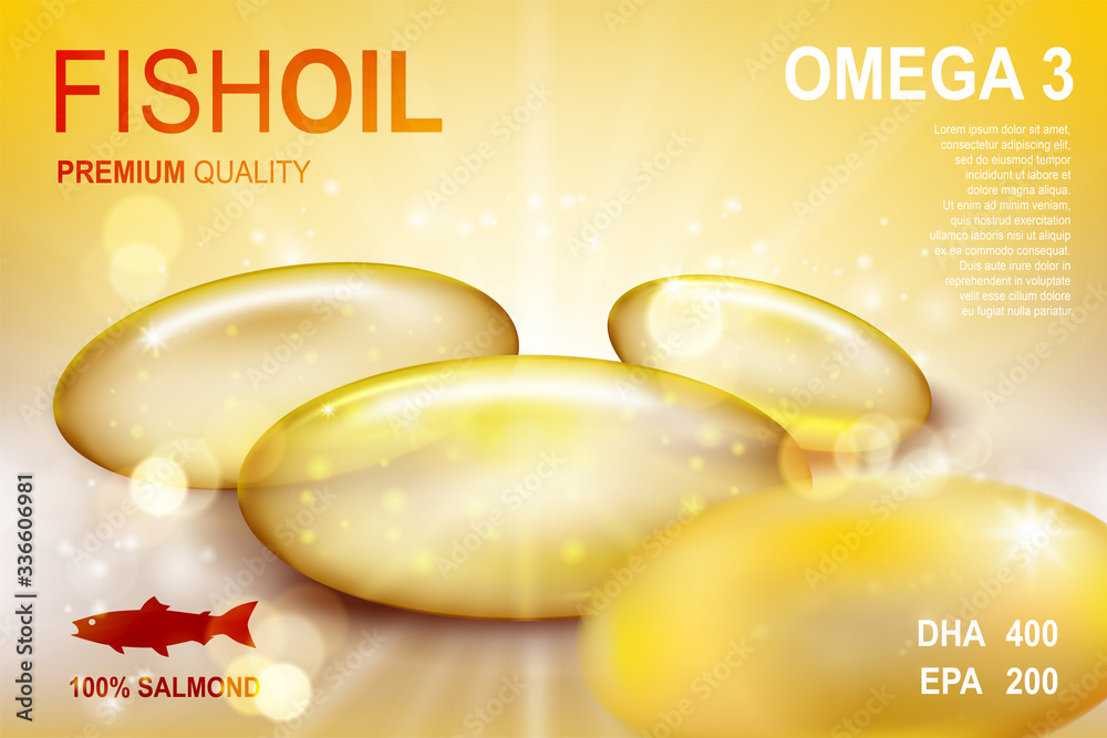 Fish oil ads template, omega-3 or vitamin E softgel capsule on golden ...
