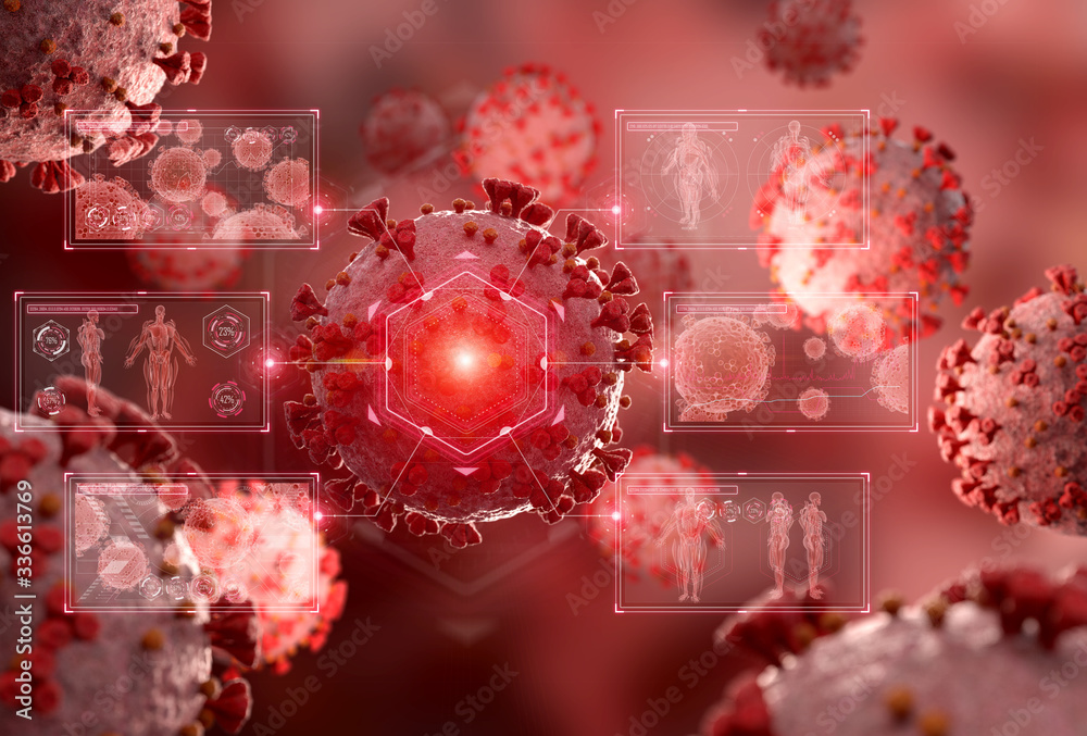 Microscopic close-up of the covid-19 disease. Coronavirus illness ...