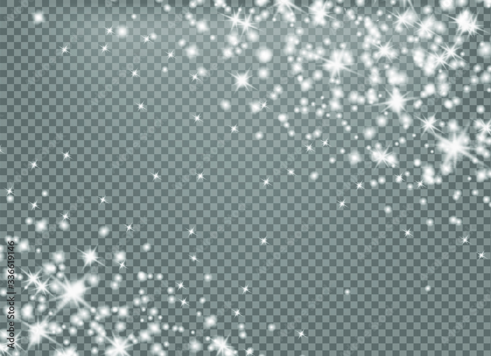Falling stars effect on checkered background.Gold and silver glittering stars in a white cloud ...