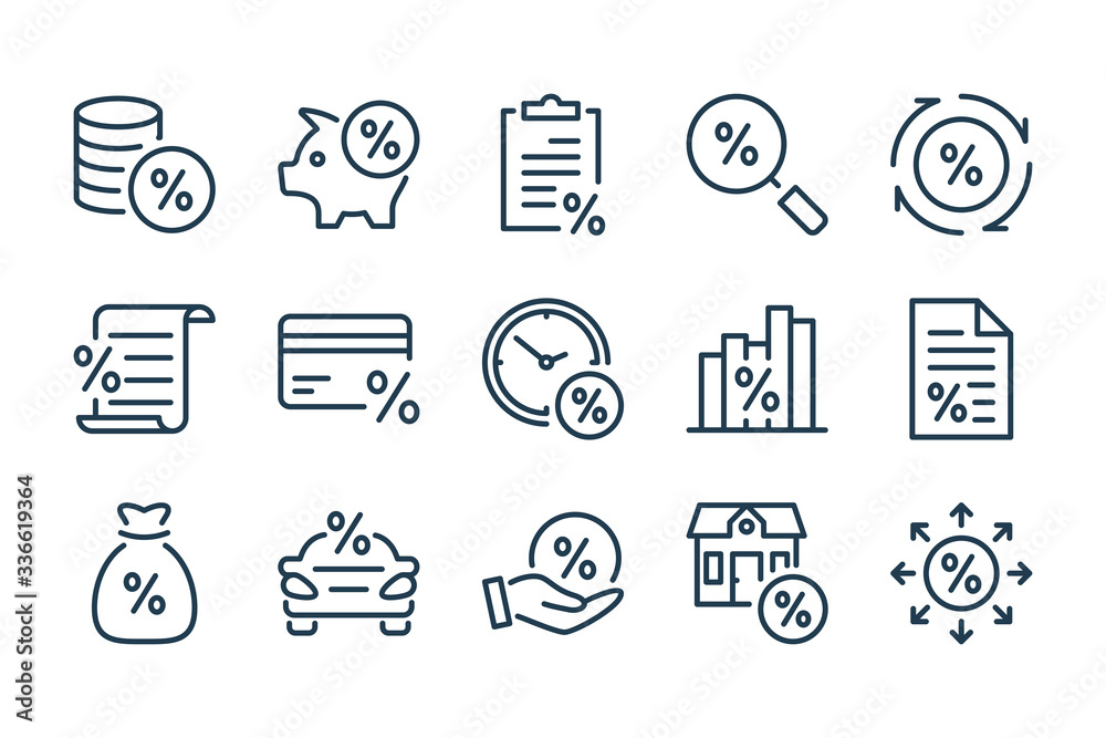 Loan, tax and fees line icons. Discount and Investment vector linear ...