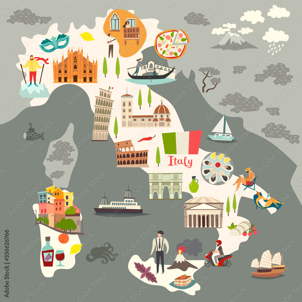 Italy map vector. Illustrated colored map of Italy. Cartoon abstract ...