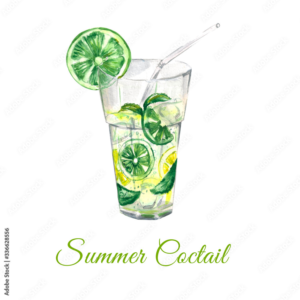 Watercolor illustration. Drawing of a cocktail with citrus fruits ...