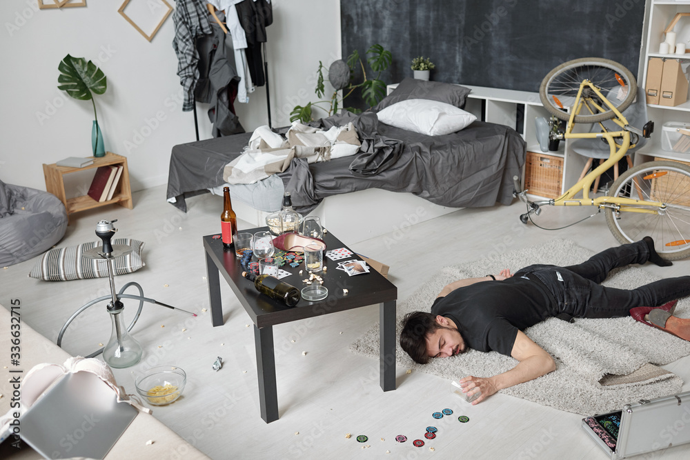 Drunken alcoholic man exhausted after hilarious party sleeping with ...