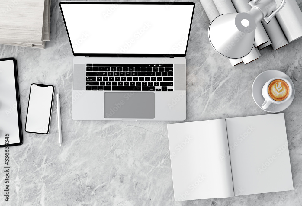 Close up of laptop blank white screen in home interior workpark ...