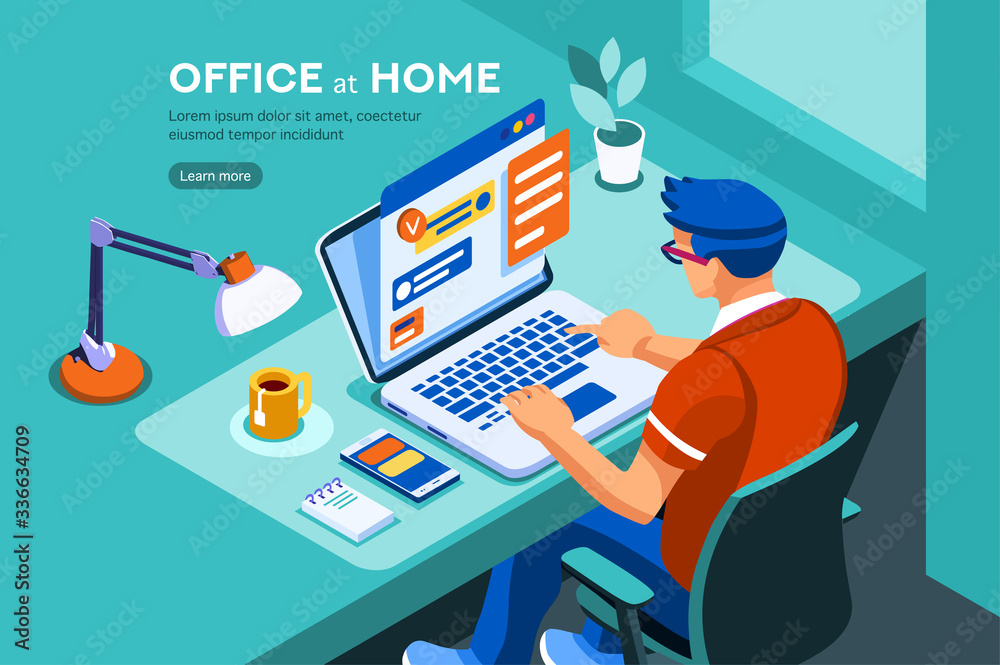 Home with boy working in isolation. Homes equipment to working home ...