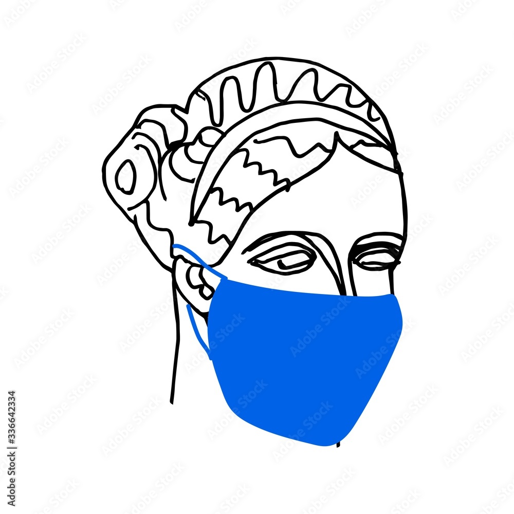 Vector Greek goddess Aphrodite in a mask into self-isolation.Quarantine ...
