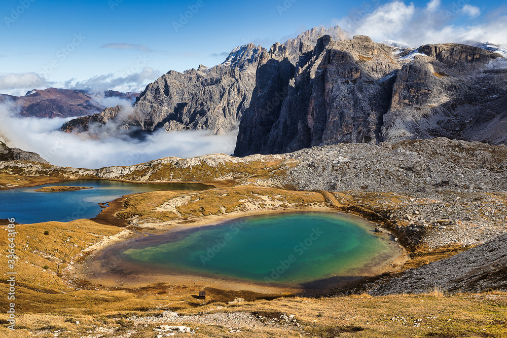 Laghi del piani lakes view and huge rocky mountains in Tre Cime di ...