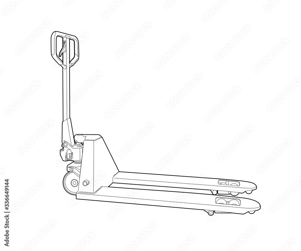 Pallet trolley. Manual forklift for warehouse. Cargo transportation ...