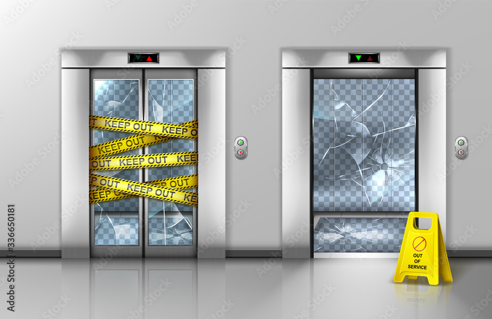 Broken glass elevators closed for repair or maintenance. Passenger lift ...