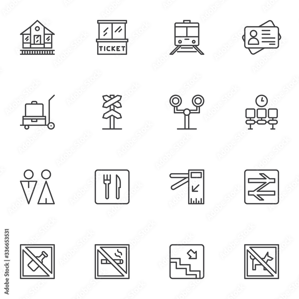 Railway station line icons set. linear style symbols collection ...