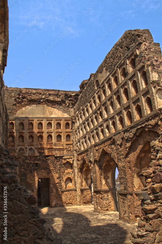 Carved ruined walls in the inside of almost 600 year old Bidar Fort in ...