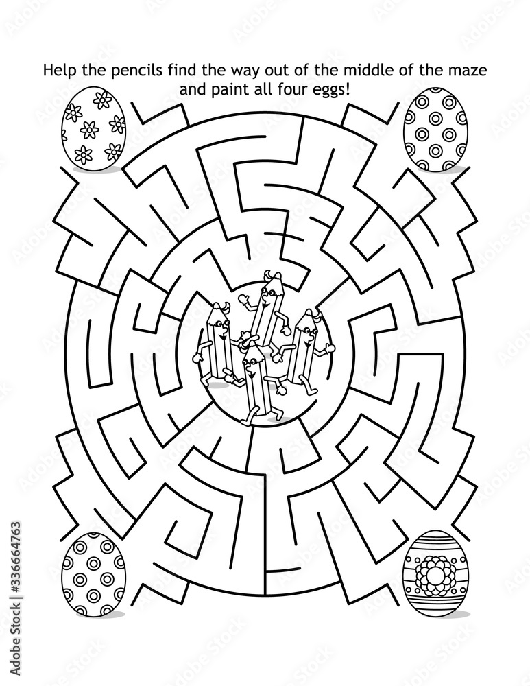 Easter maze game and coloring page for kids with pencils and painted ...