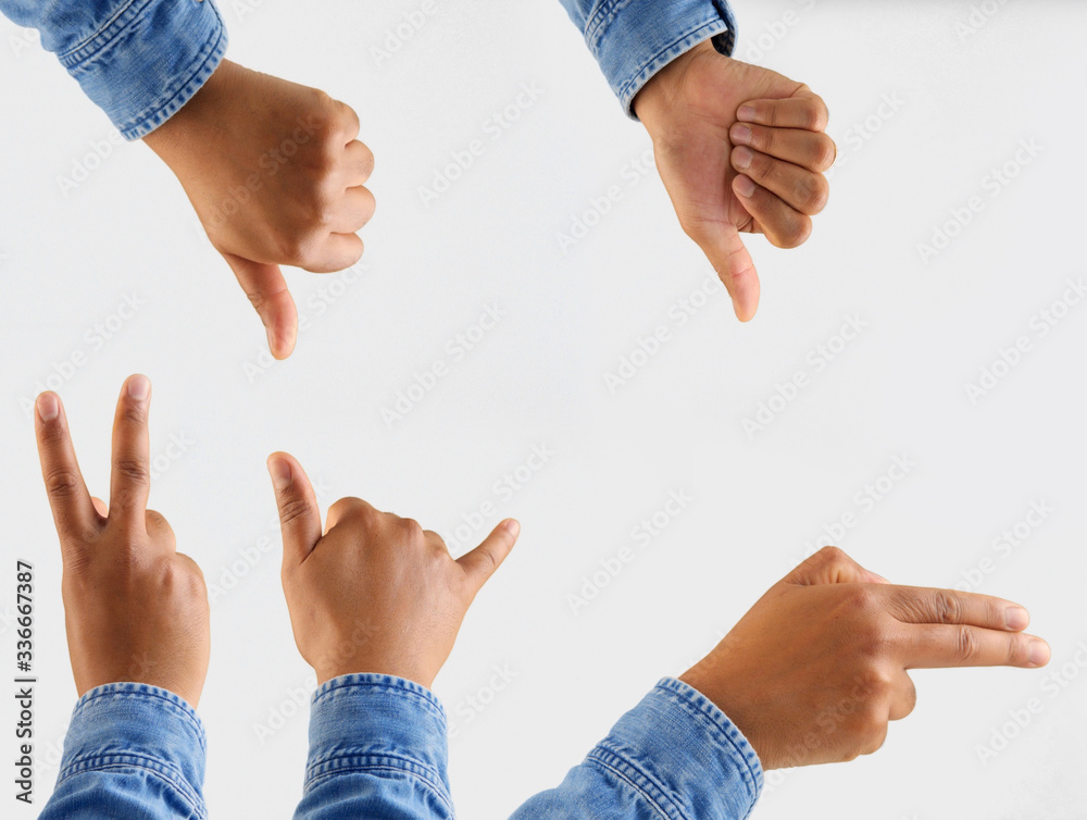 Pack photos of hands of mixed race black man makes gestures like ...