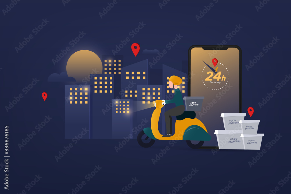 Night food delivery service E-commerce concept by scooter courier. Hand ...