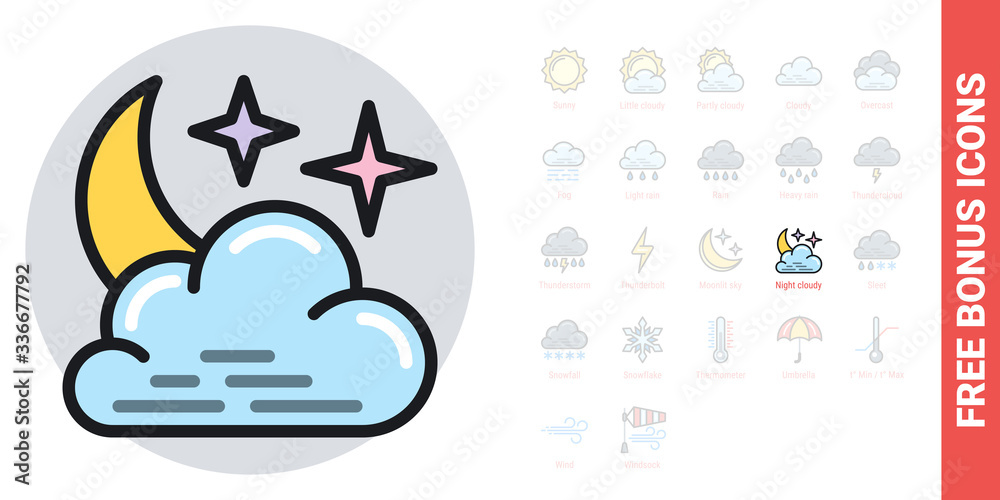 Night cloudy icon for weather forecast application or widget. Moon and ...