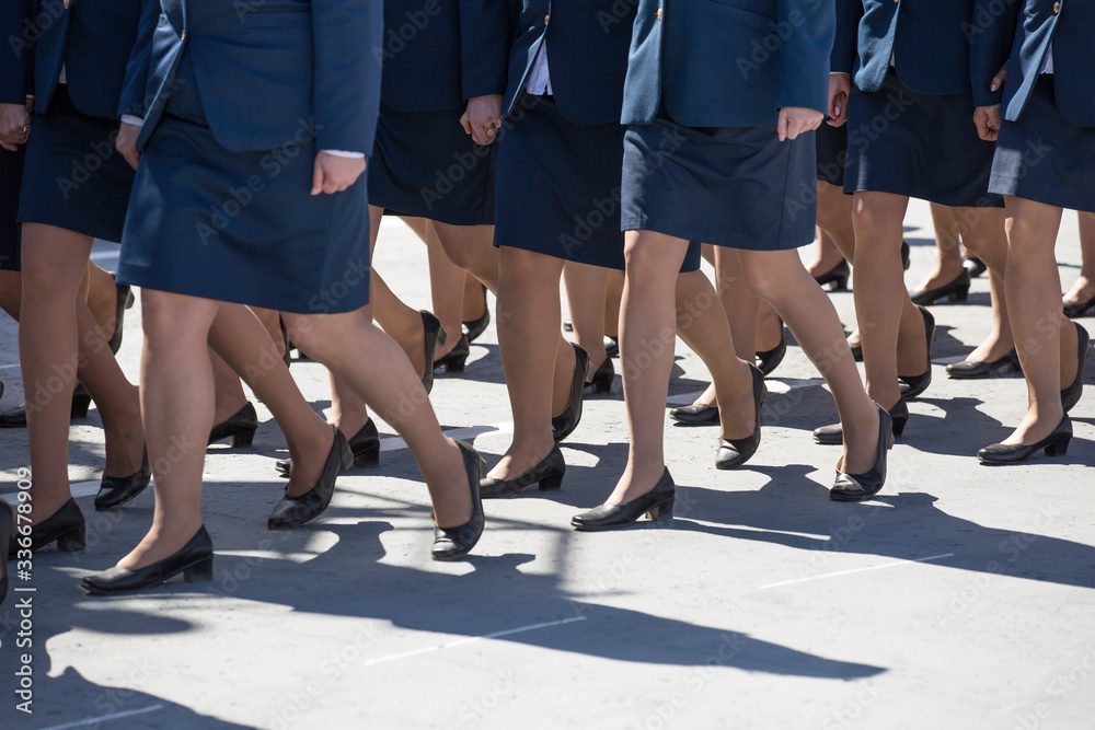 Women in military uniform march on the parade. Russia. Stock Photo ...