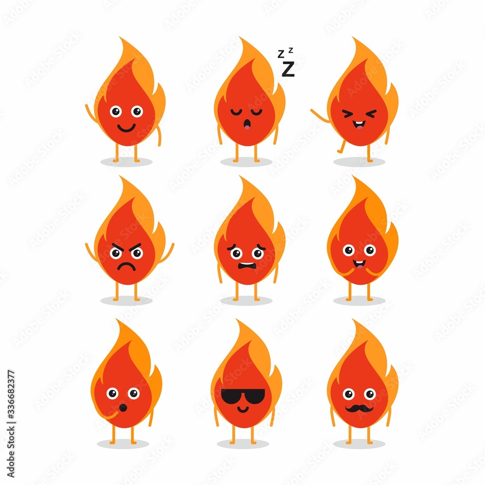 Set of cute fire cartoon characters design, flame illustration template ...