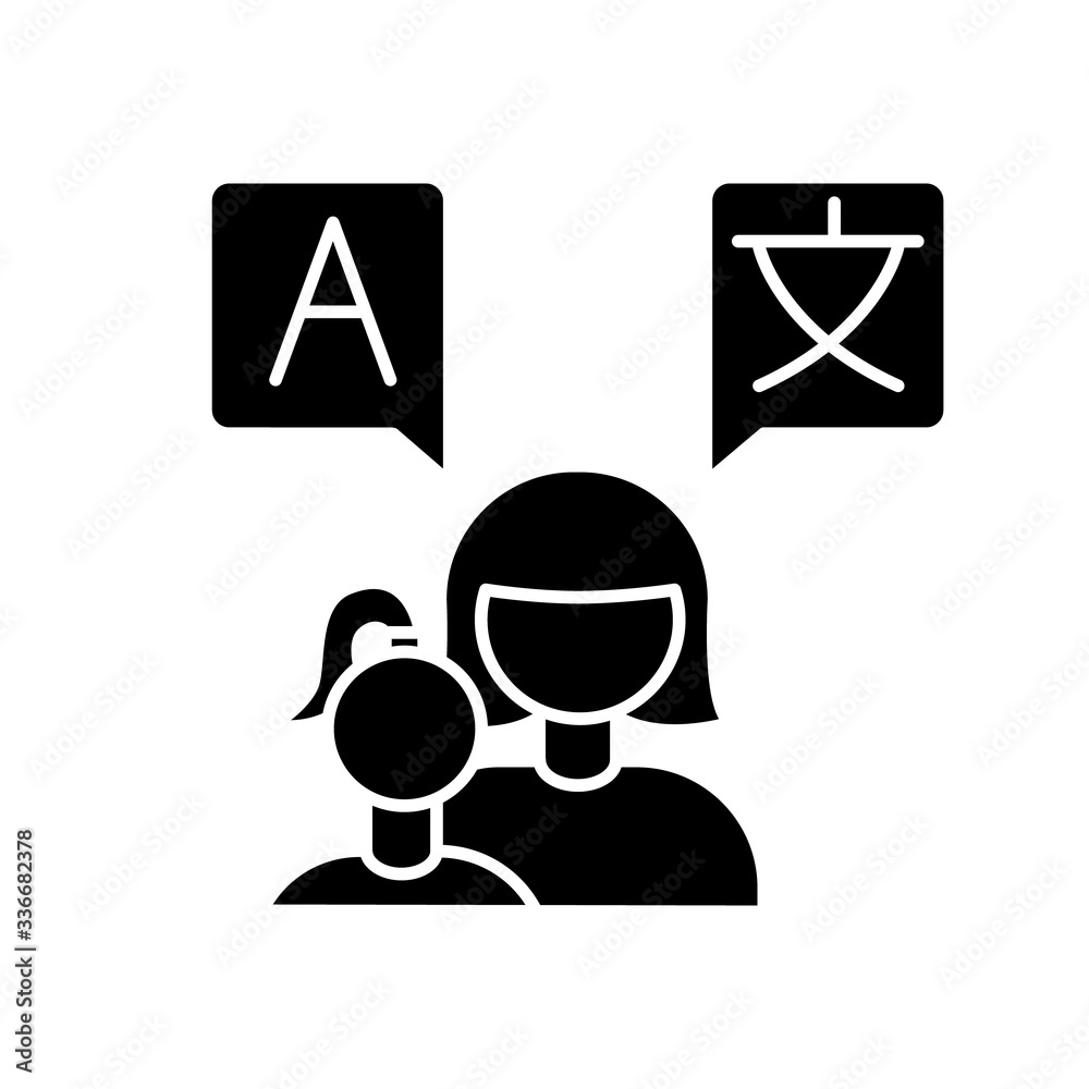 Speaking foreign languages black glyph icon. Mother teaching toddler to ...