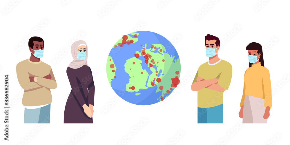 Coronavirus outbreak semi flat RGB color vector illustration. People in ...