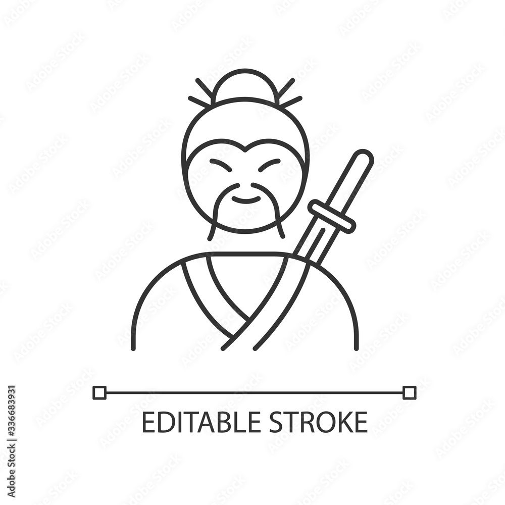 Samurai pixel perfect linear icon. Asian martial arts fighter. Old man ...