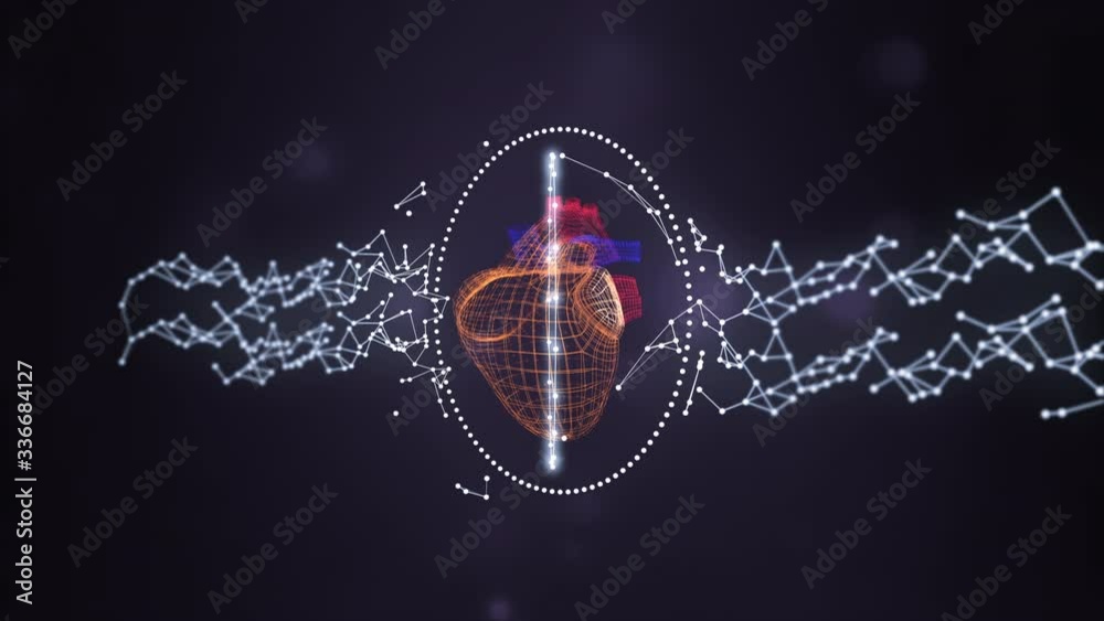 Gridded model of human heart shielded by glowing rings and plexus ...