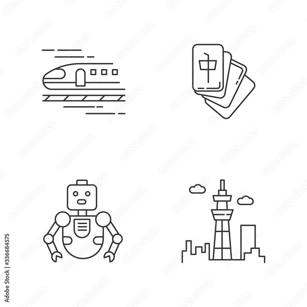 Japan pixel perfect linear icons set. Asian bullet train, shinkansen ...