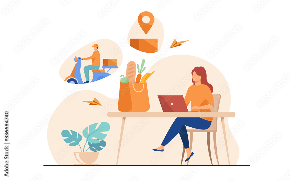 Cartoon woman with laptop ordering food online. Courier riding ...