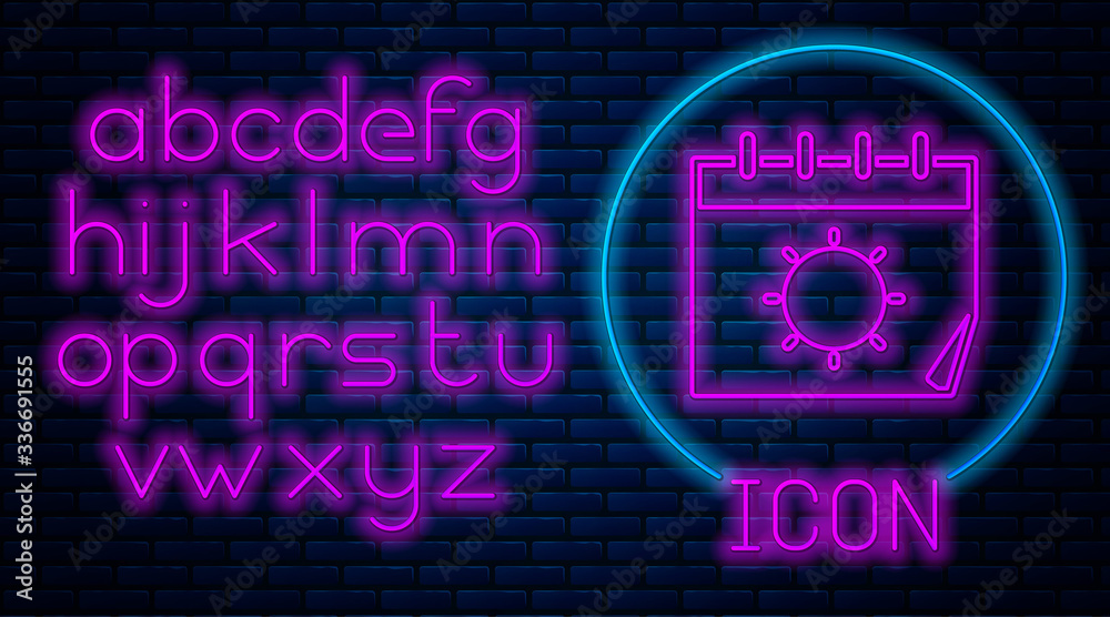 Glowing neon Calendar and sun icon isolated on brick wall background ...